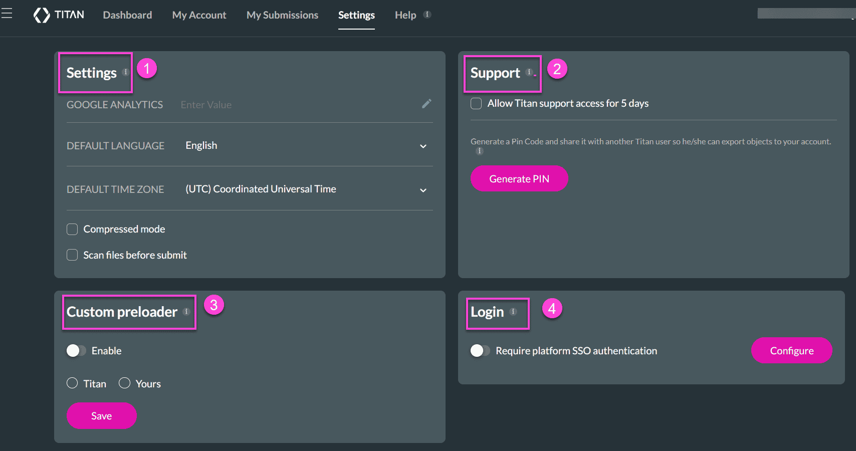 Customizing the Account Settings Menu for the Titan Platform